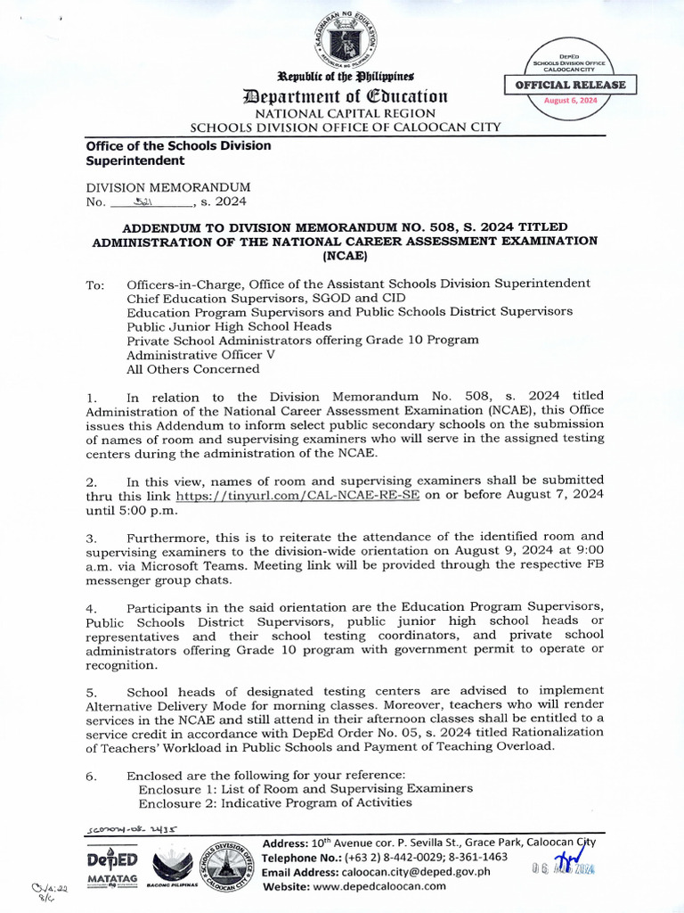 DM No. 521, S. 2024 - Addendum To Division Memorandum No. 508, S. 2024 Titled Administration of ...