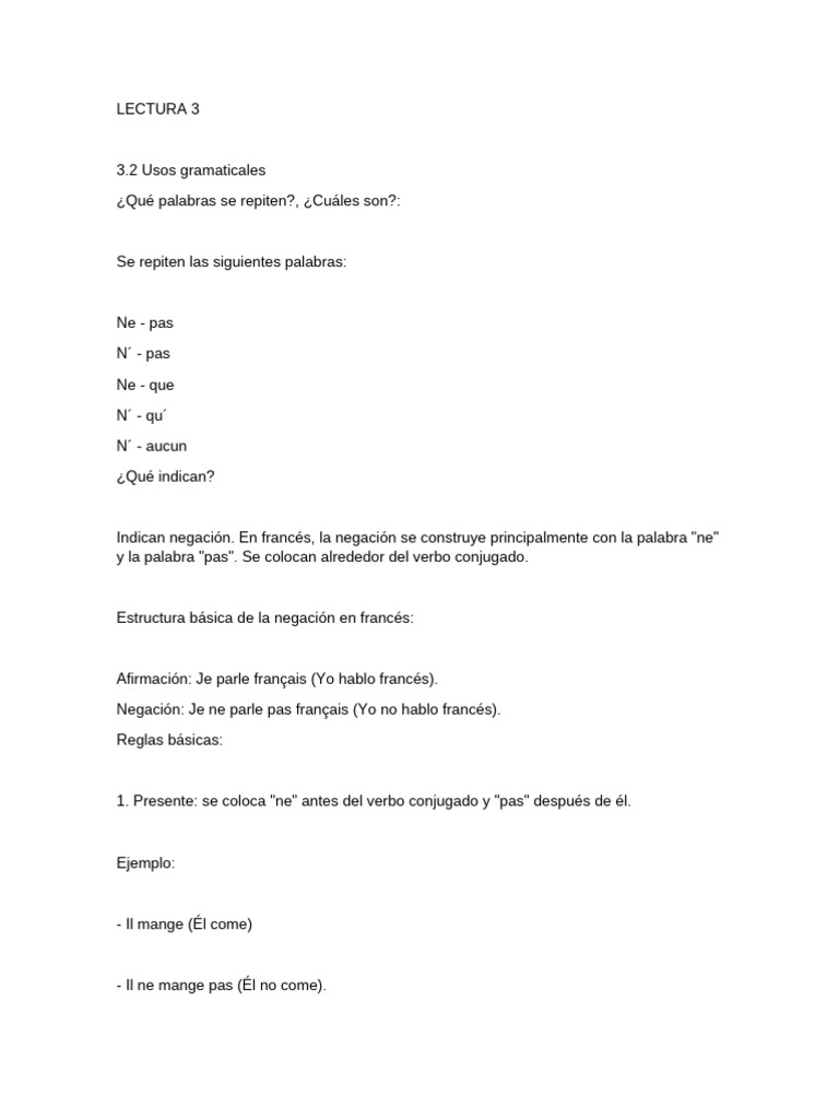 Negación en francés: Estructuras y ejemplos | PDF | Verbo | Idioma francés