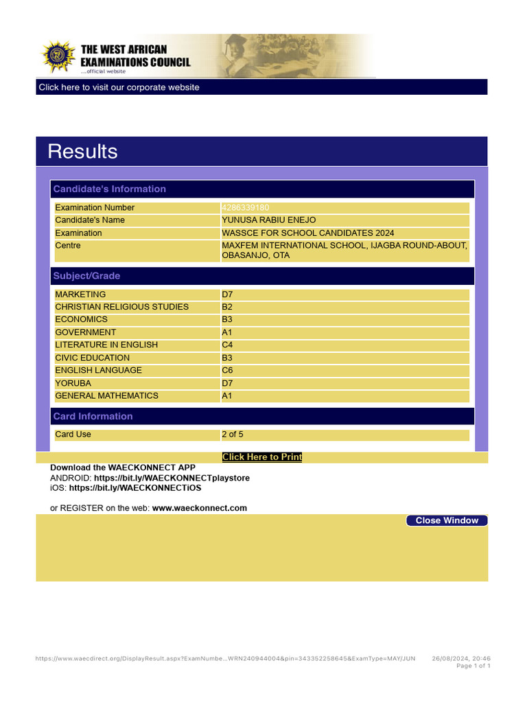 Yunusa Rabiu Waec Result | PDF