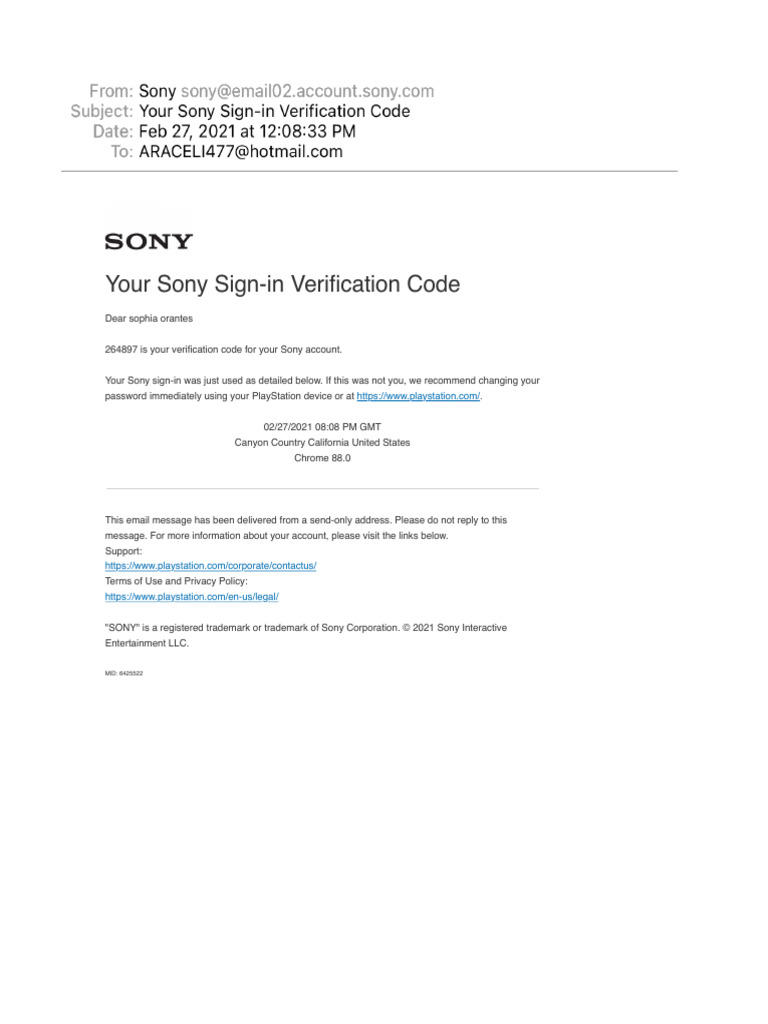 Your Sony Sign-In Verification Code | PDF