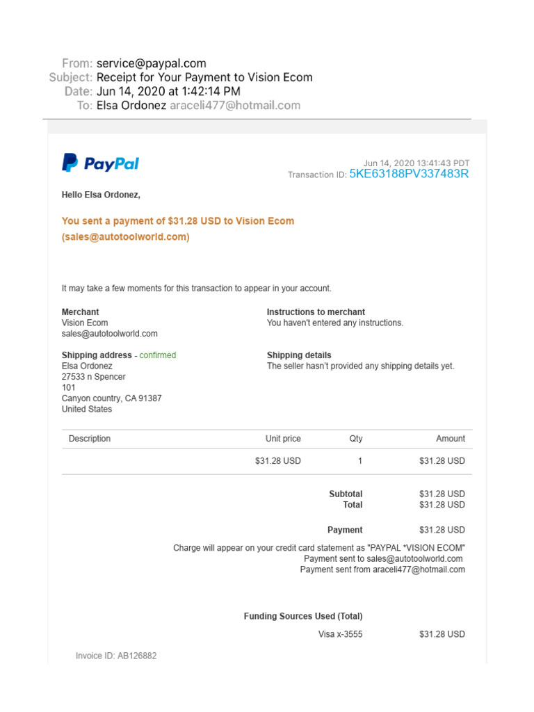 Receipt For Your Payment To Vision Ecom | PDF