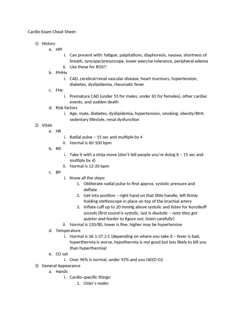 Cardio Exam Cheat Sheet | PDF