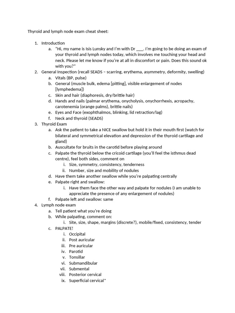 Thyroid and Lymph Node Exam Cheat Sheet | PDF