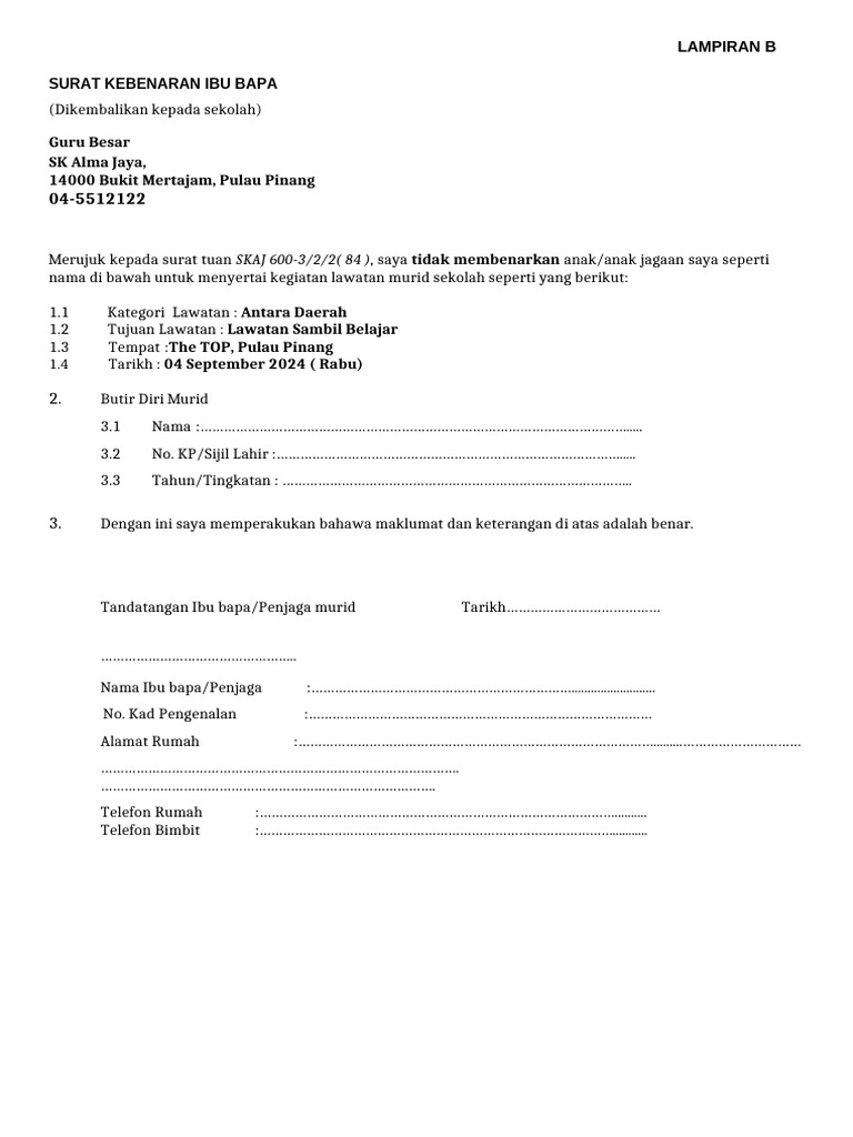 borang surat tidak membenarkan rombongan | PDF