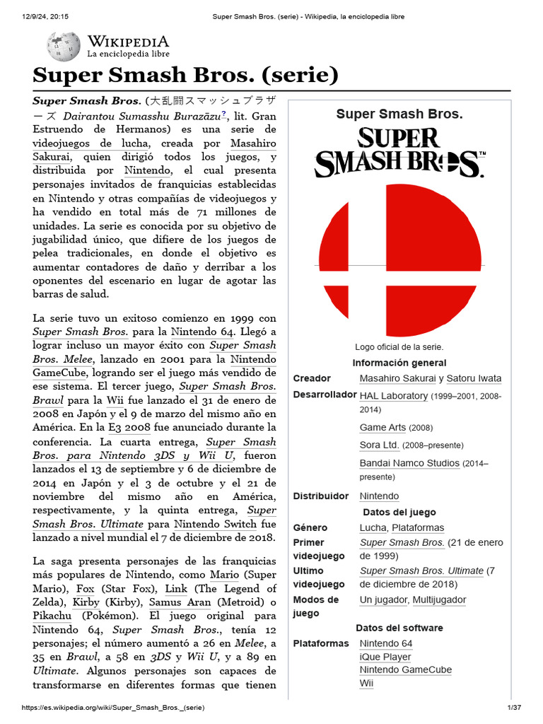Super Smash Bros. (Serie) - Wikipedia, La Enciclopedia Libre | PDF