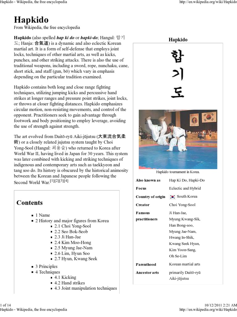 Hapkido - Wikipedia, The Free Encyclopedia | PDF | Korean Martial Arts | Combat