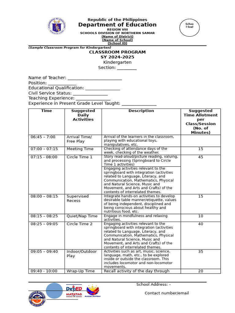 Sample CLASSROOM PROGRAM for KINDERGARTEN | PDF