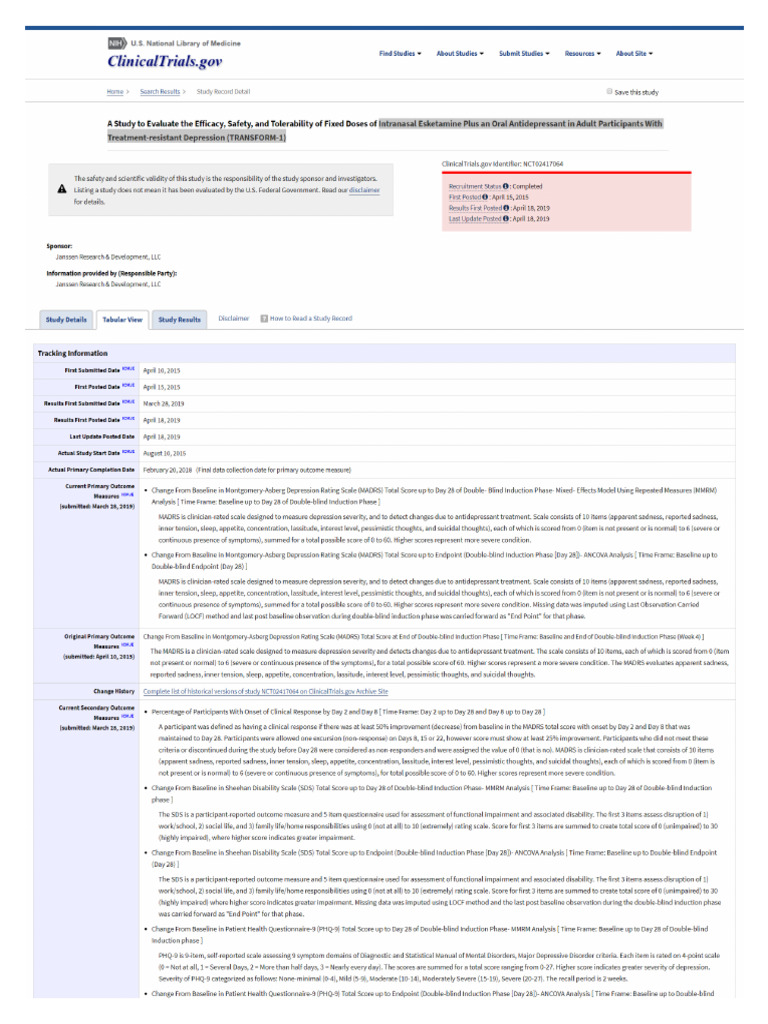 Intranasal Esketamine - Plus - Antidep - TRD - TRANSFORM-1 | PDF