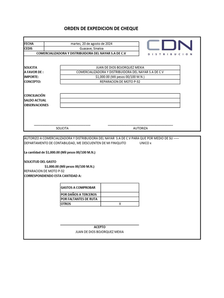 Formato Expedicion Cheque Juan de Dios Bojorquez | PDF
