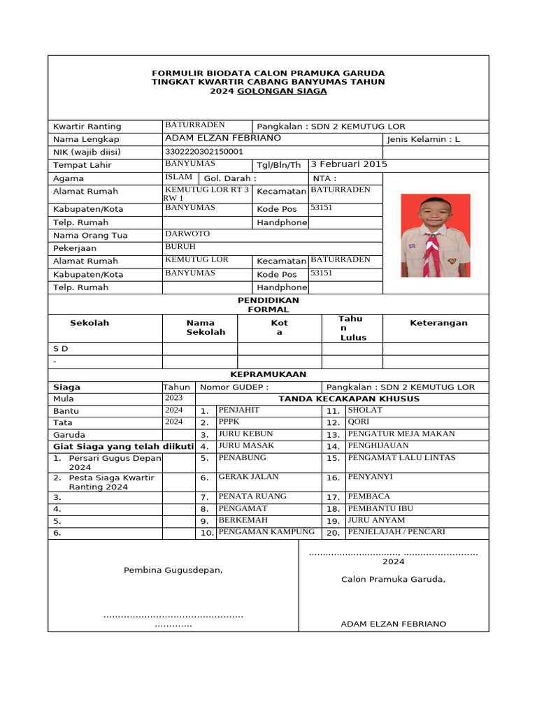 Formulir Biodata Calon Pramuka Garuda Tingkat Kwartir Cabang Banyumas ...