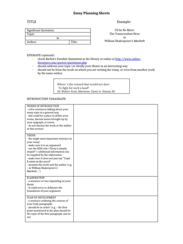 Essay Planning Sheets | PDF | Paragraph | Citation
