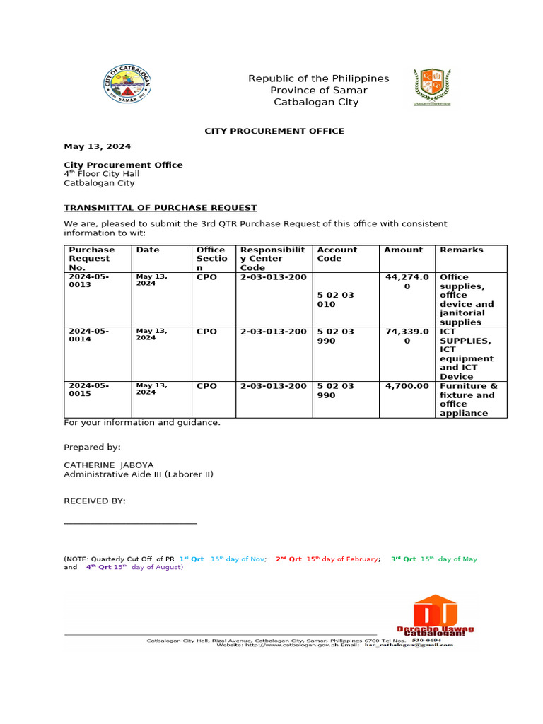 TRANSMITTAL-OF-PURCHASE-REQUESTS-2024 | PDF