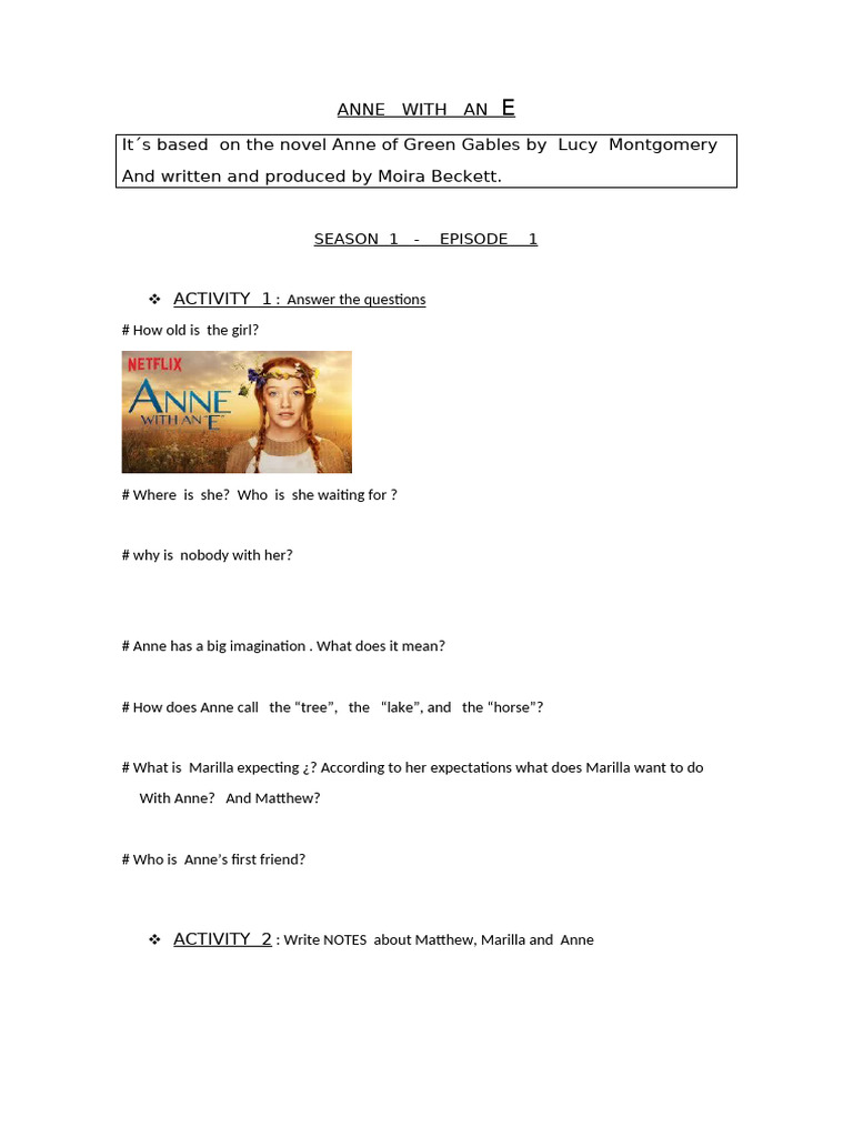 ANNE WITH AN E - Level Elementary | PDF