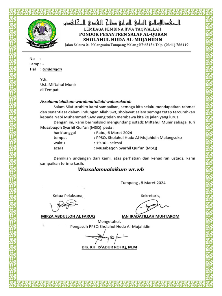 Surat Undangan Musabaqoh Ust Miftahul Munir | PDF