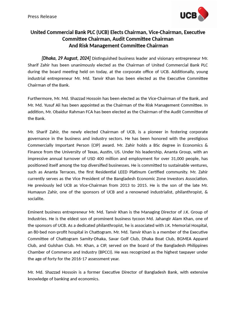 English - United Commercial Bank PLC (UCB) Elects Chairman, Vice-Chairman, Executive Committee ...