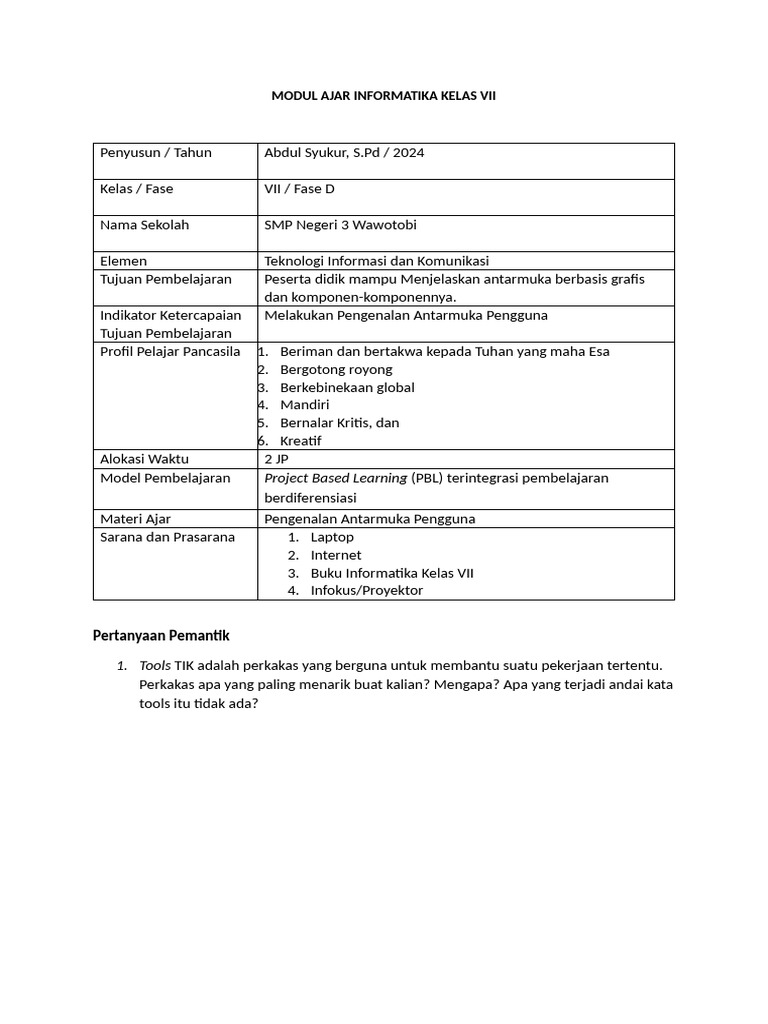 MODUL AJAR INFORMATIKA KELAS VII Syukur | PDF