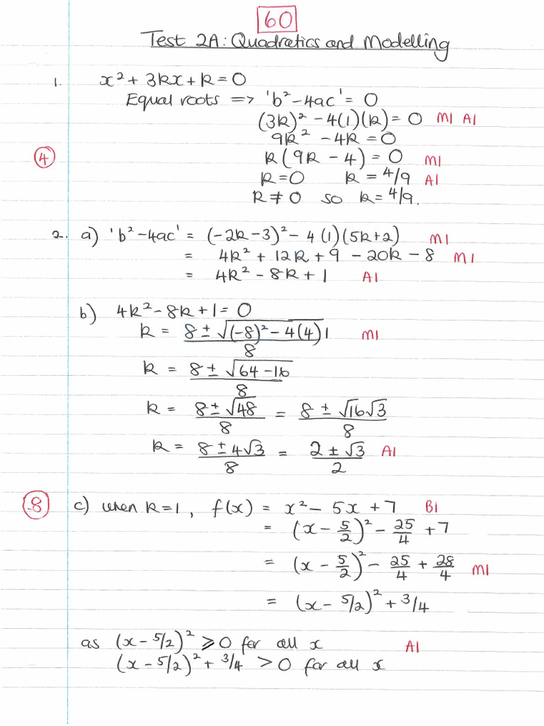 Test 2A2B - Quadratics and Modelling - Worked Solutions | PDF