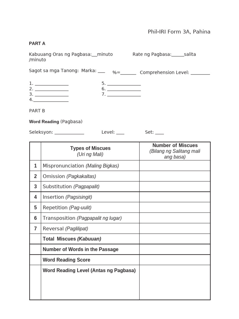 Phil IRI Form 3A Blank With Sample | PDF