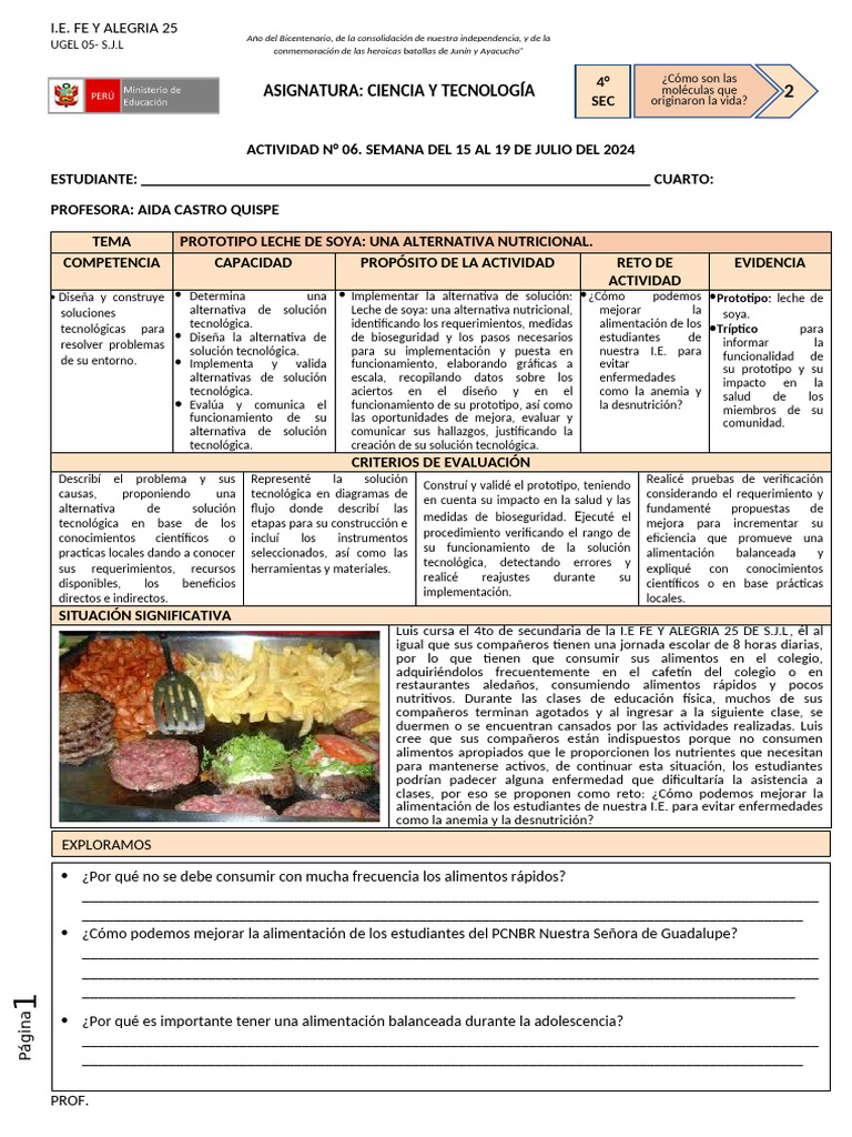 4°sec - UNIDAD 1 - ACTIVIDAD 6 (CyT Diseña 2024) - Prototipo Leche de Soya Alternativa ...