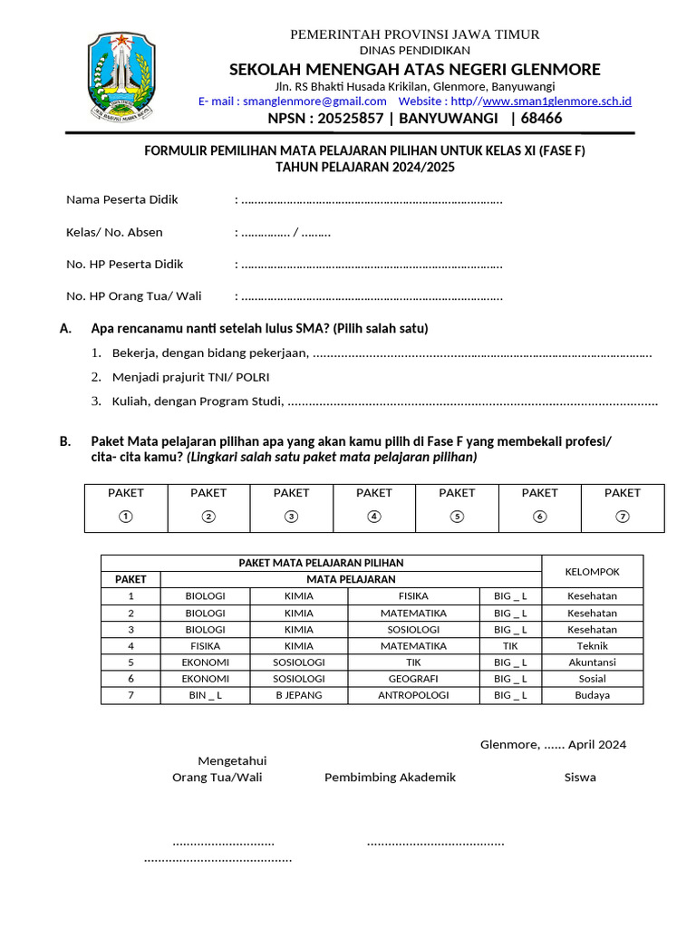 Formulir Pemilihan Mapel Pilihan Ke - 2 | PDF