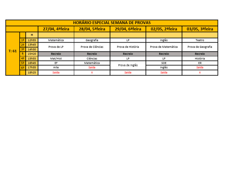 horário das provas (exemplos de tabela) | PDF