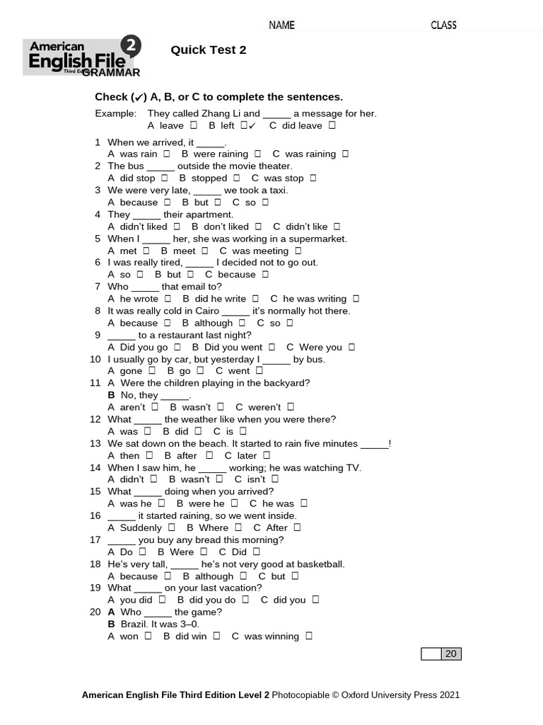 Aef2 3RD Unit 2 Quiz | PDF
