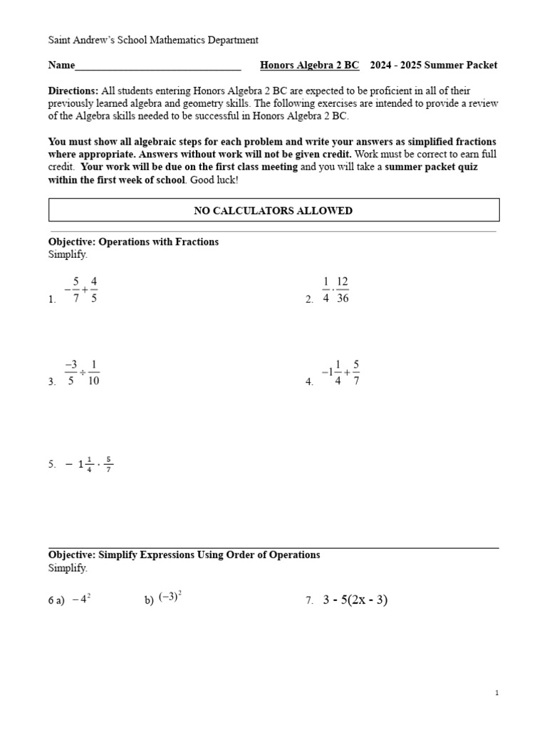 Algebra 2 H BC Summer HW Packet (2024-2025) | PDF