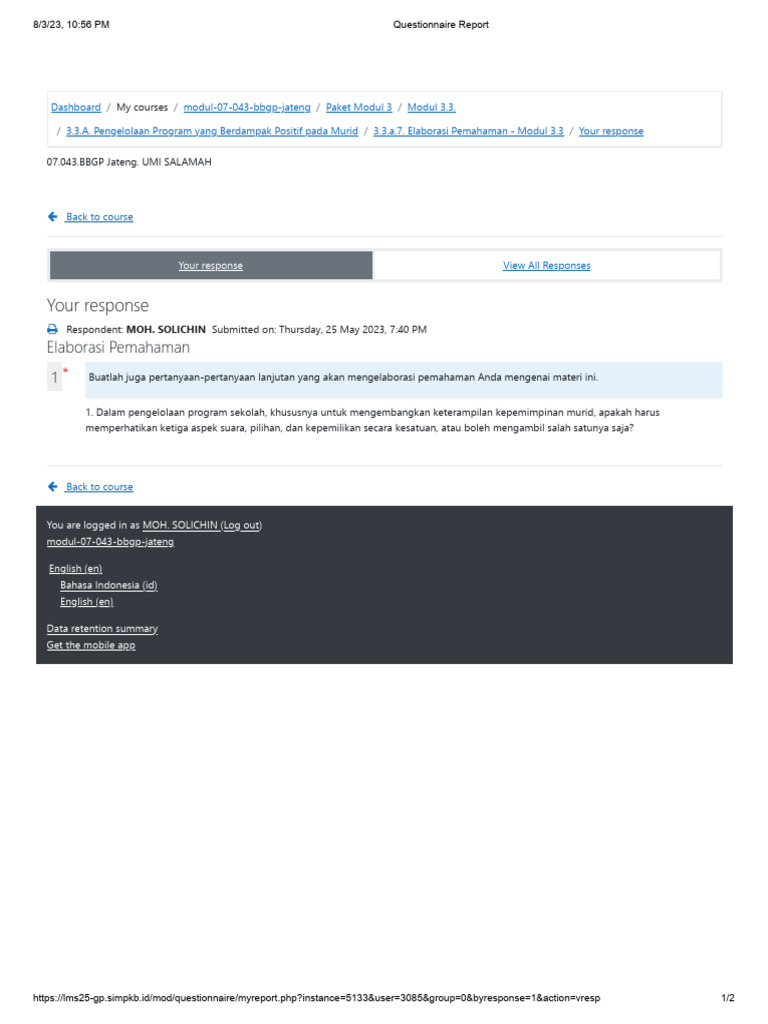Questionnaire Report Elaborasi Pemahaman Aku | PDF
