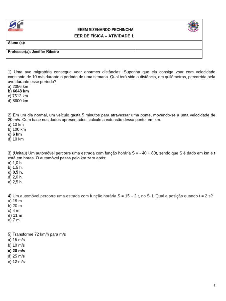 EER Física 1 Ano - ATIV 1 | PDF