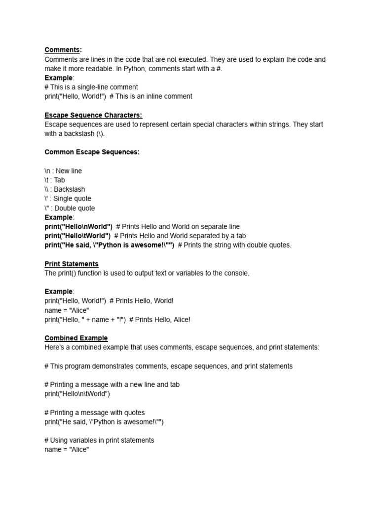 Comments, Escape Sequence Character and Print Statement | PDF
