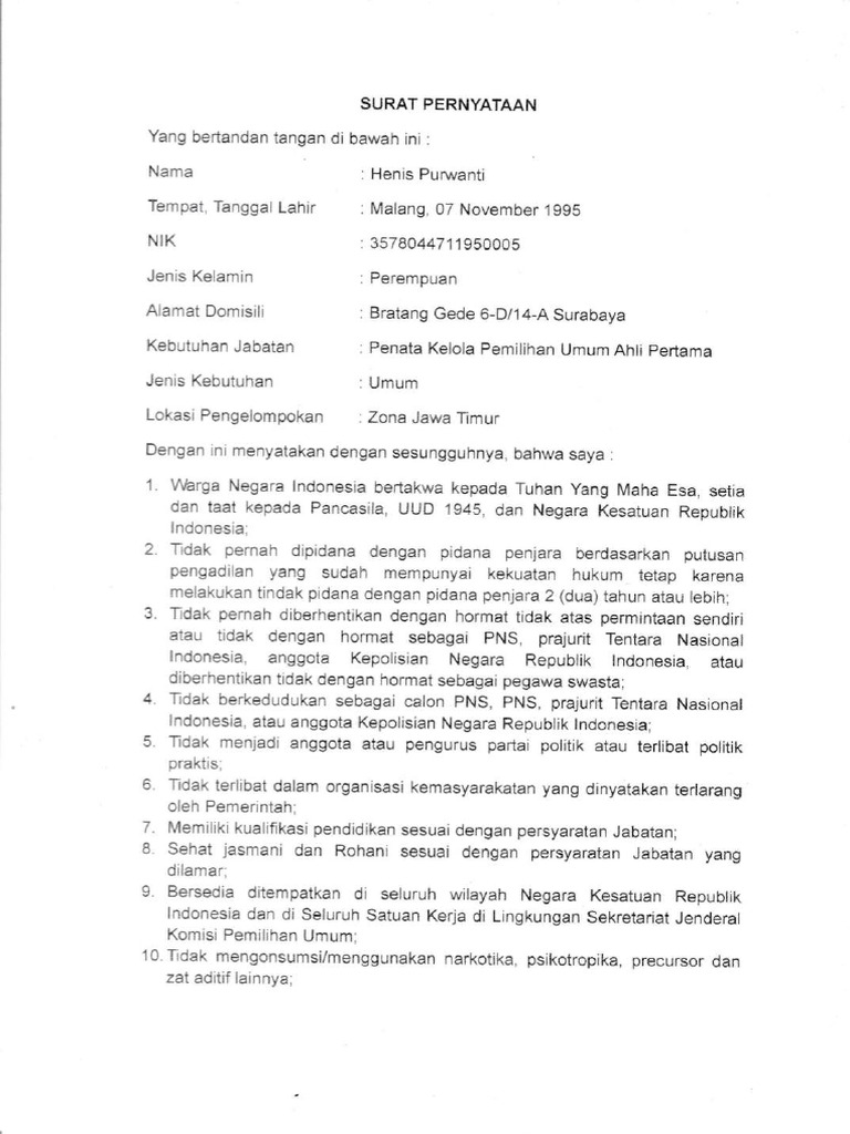 Surat Pernyataan Henis | PDF
