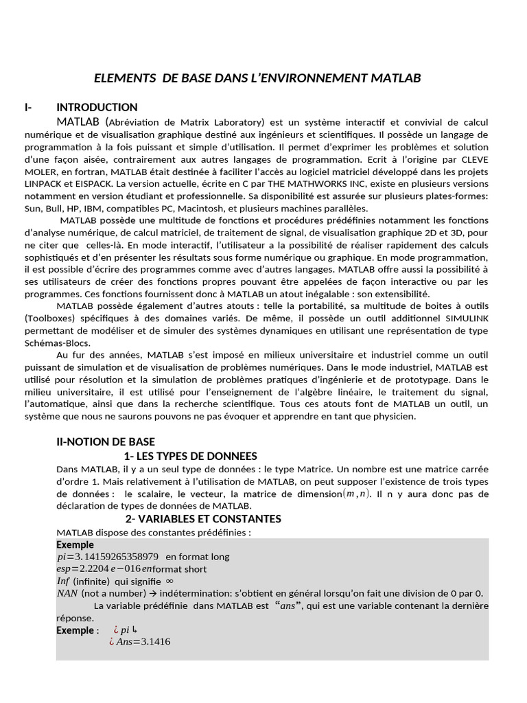 Matlab Chapitre I Matlab | PDF