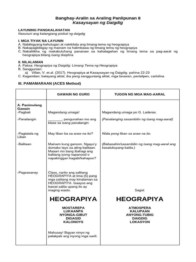 Lesson Plan AP 8 Limang Tema NG Heograpiya | PDF