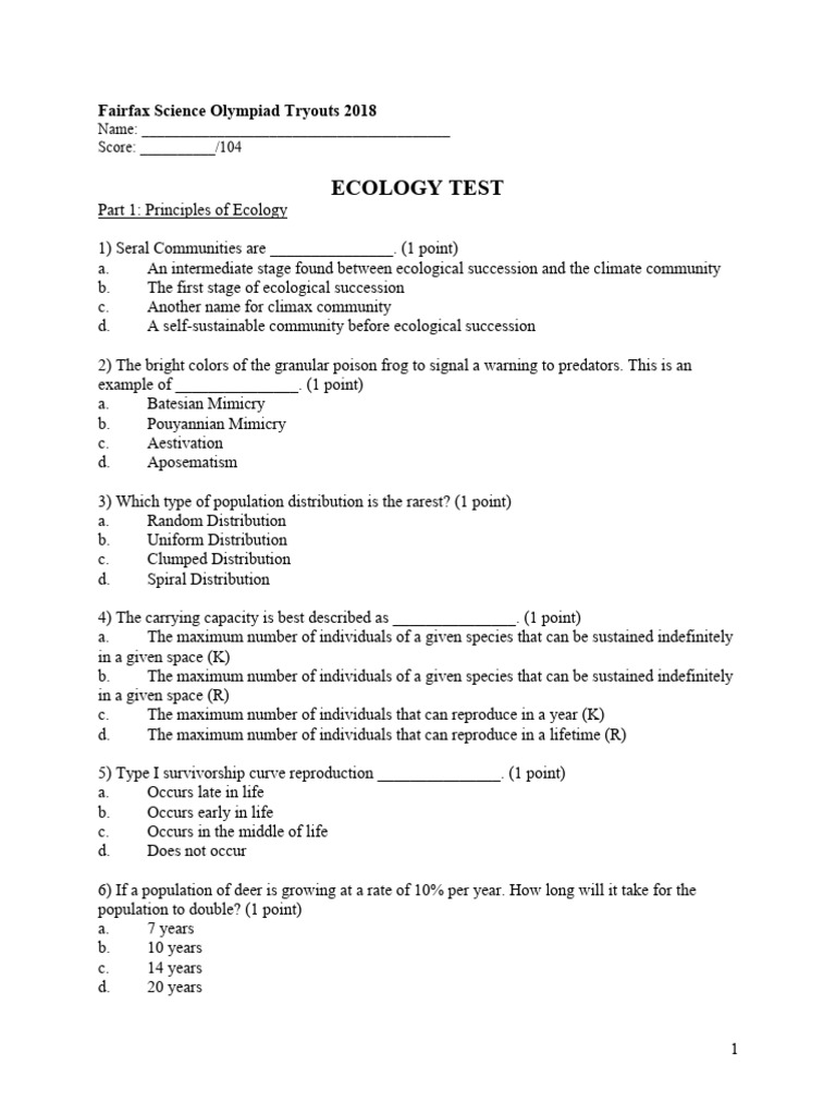 Microsoft Word - Ecology - Fairfax High School - TEST | PDF