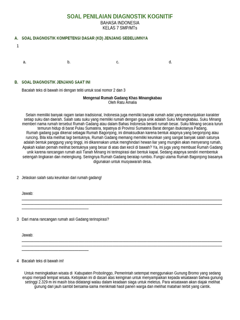 Soal Diagnostik Kognitif (B.Ind - SMP Kelas 7) | PDF