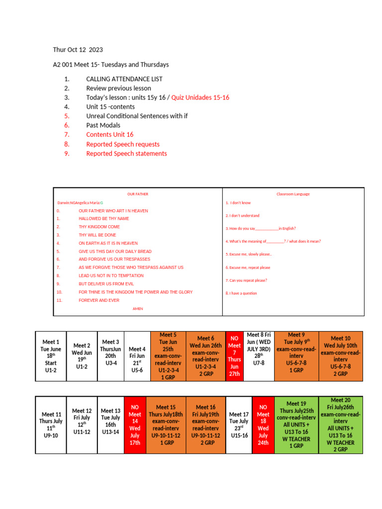 B1-011 MEET 15 U15-16 Tue 23rd 24-1 | PDF | Lord's Prayer | Verb
