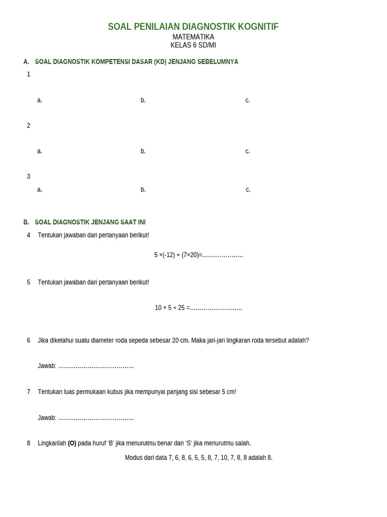 Soal Diagnostik Kognitif Matematika Sd Kelas 6 Pdf