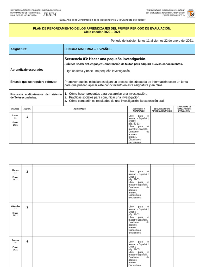 Plan de Reforzamiento - Español - Sec 03 - Hacer Una Investigación - 1a - Jorge Millan | PDF