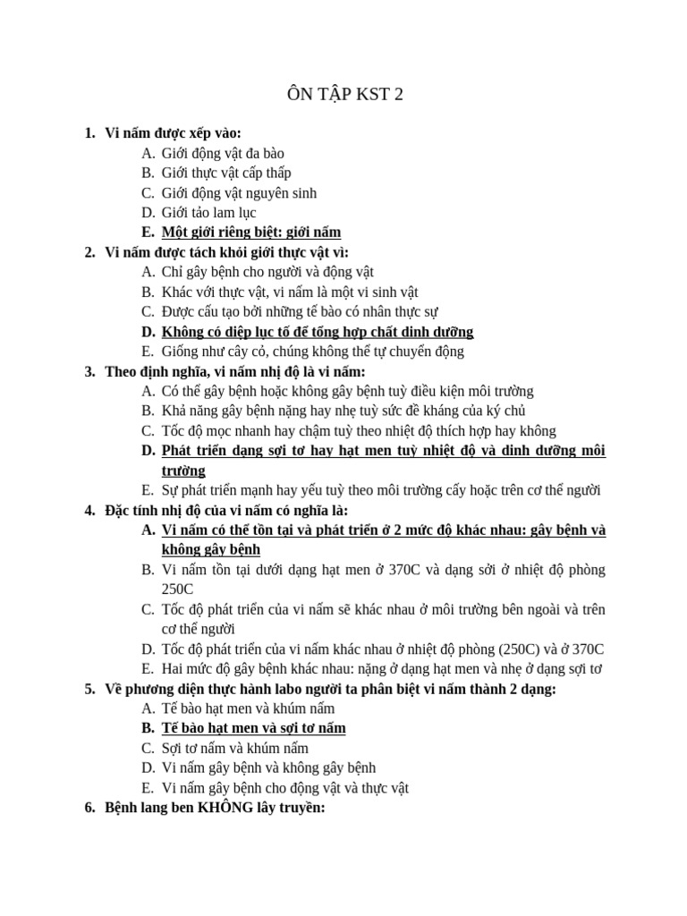 ÔN THI KST 2 (VI NẤM+ĐƠN BÀO) 1 | PDF