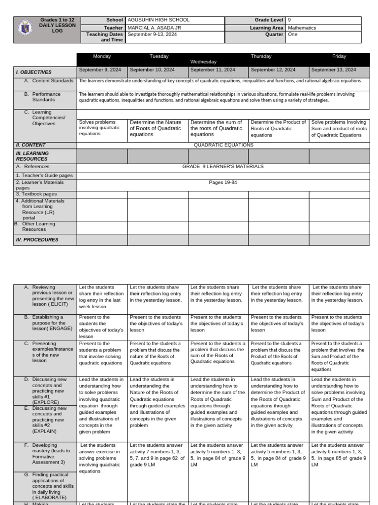 DLL_Math 9_2024-2025 quarter 1 | PDF