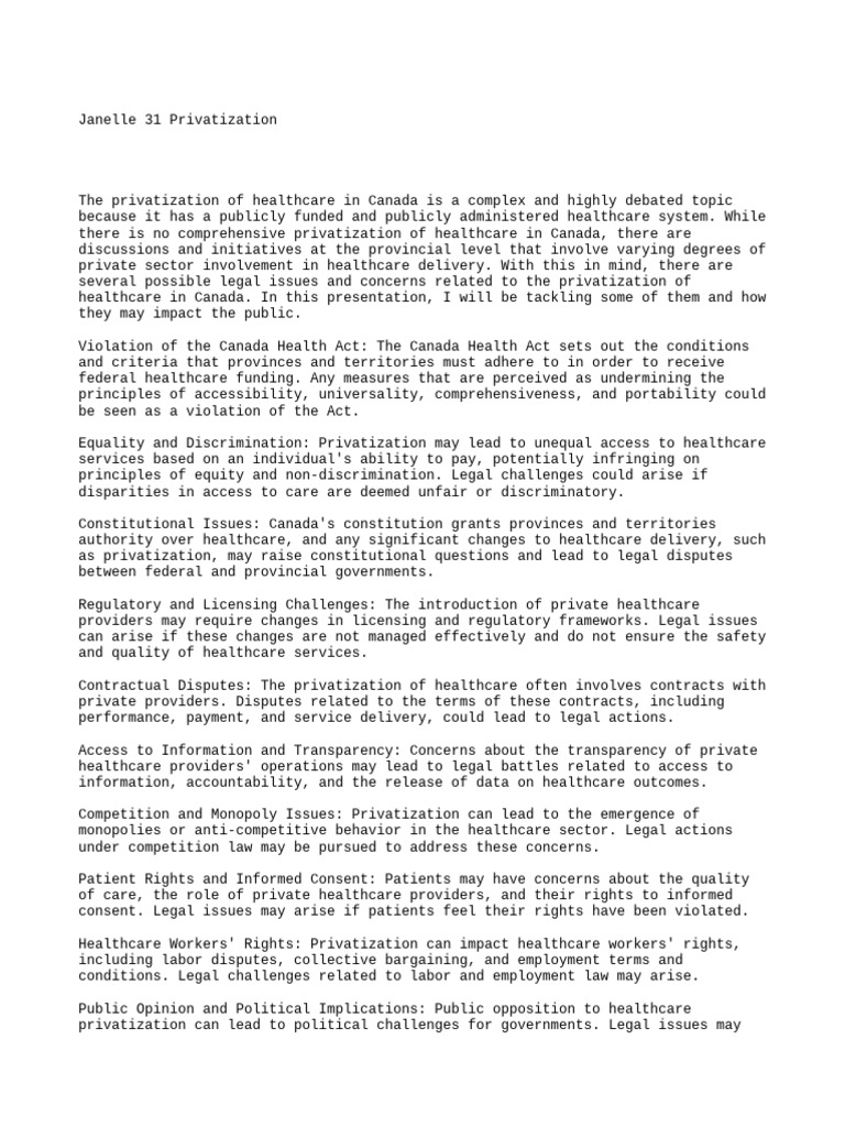 Legal Issues in Canadian Healthcare Privatization | PDF | Health Care | Privatization