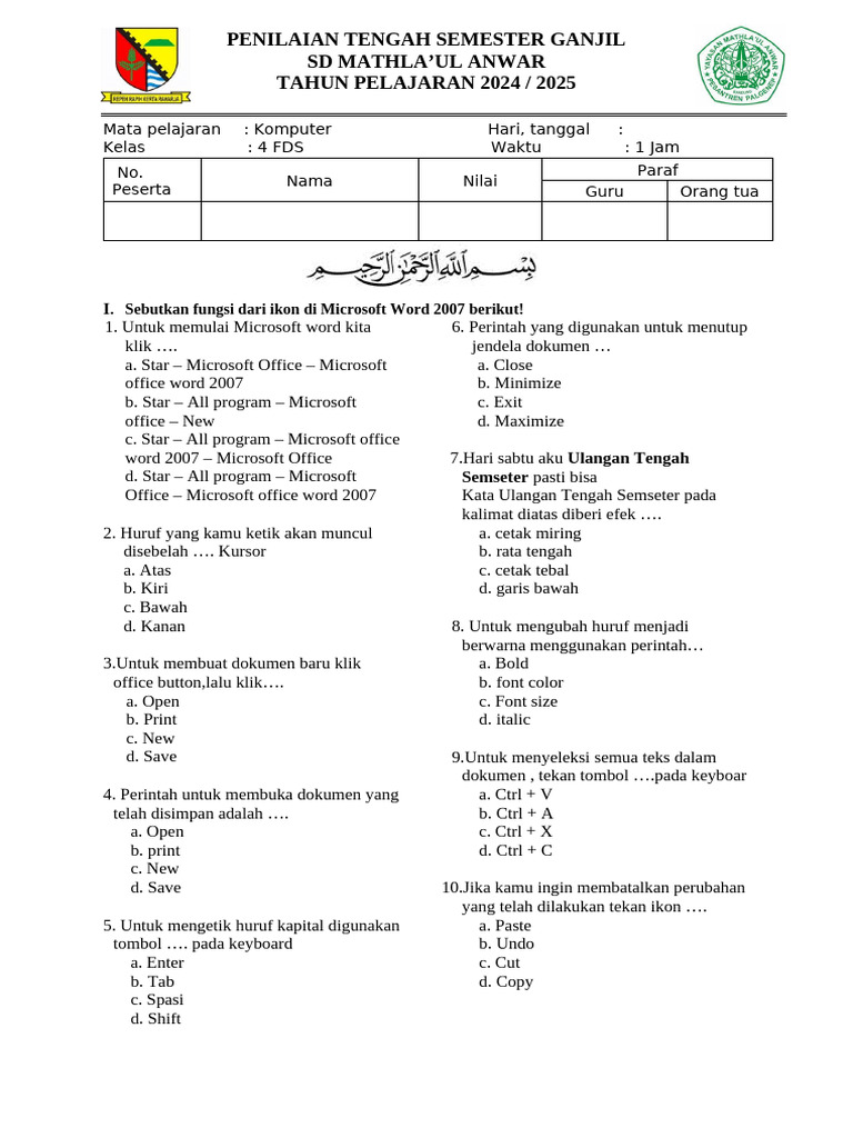 Soal PTS TIK Kelas 4 SD | PDF