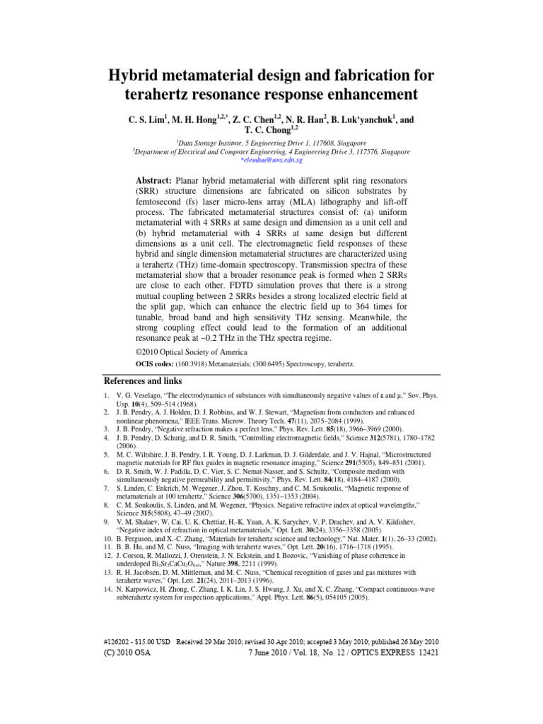 Hybrid Metamaterial Design and Fabrication For Terahertz Resonance ...
