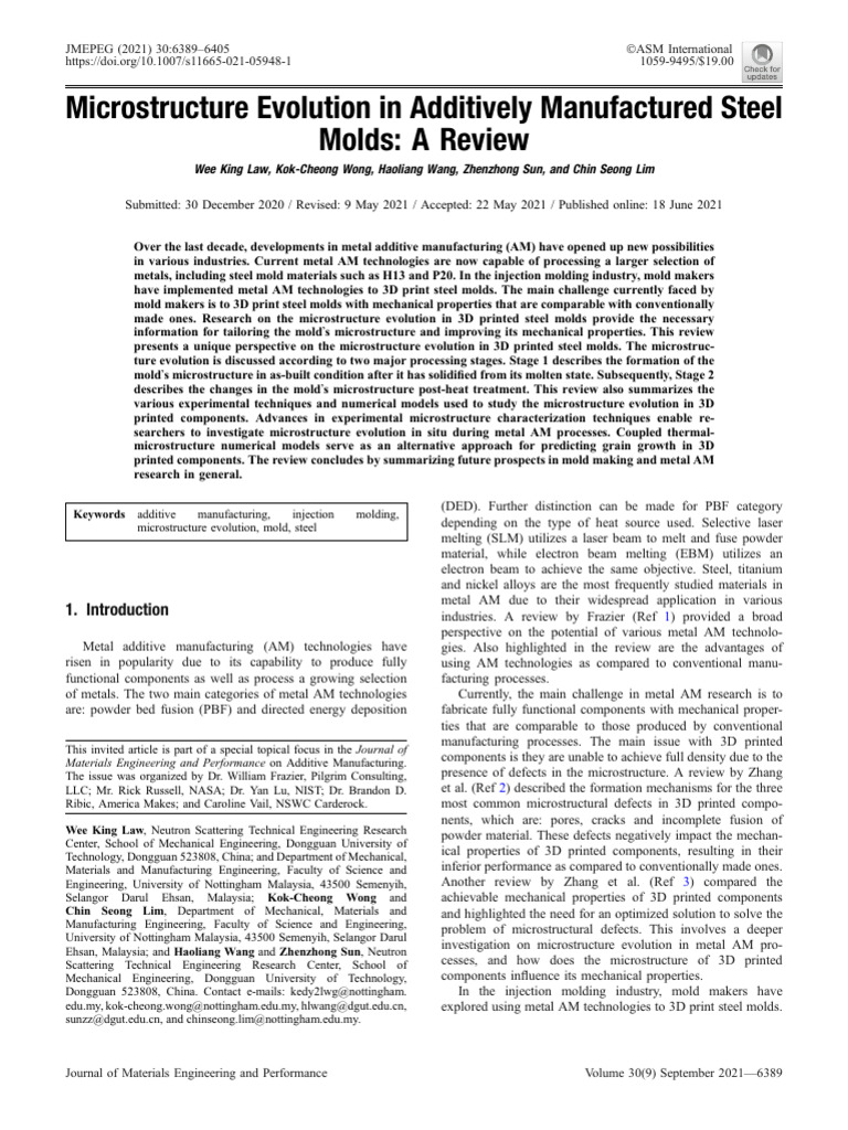 Microstructure Evolution in Additively Manufactured Steel Molds - A Review-JMEP 2021 | PDF