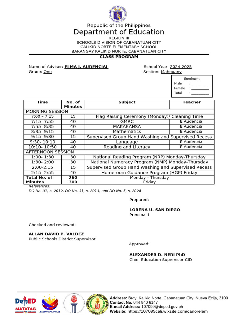 Class Program Teachers Program - 2024 2025 Elma J. Audencial | PDF