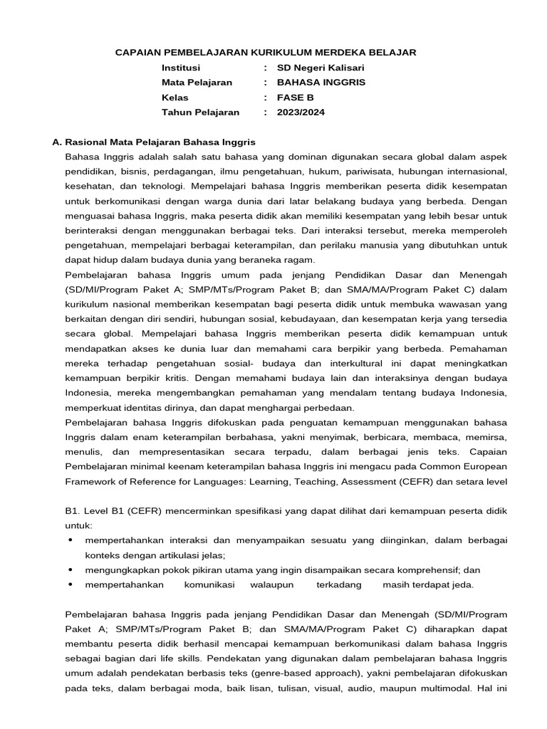 CP Bahasa Inggris Fase B | PDF