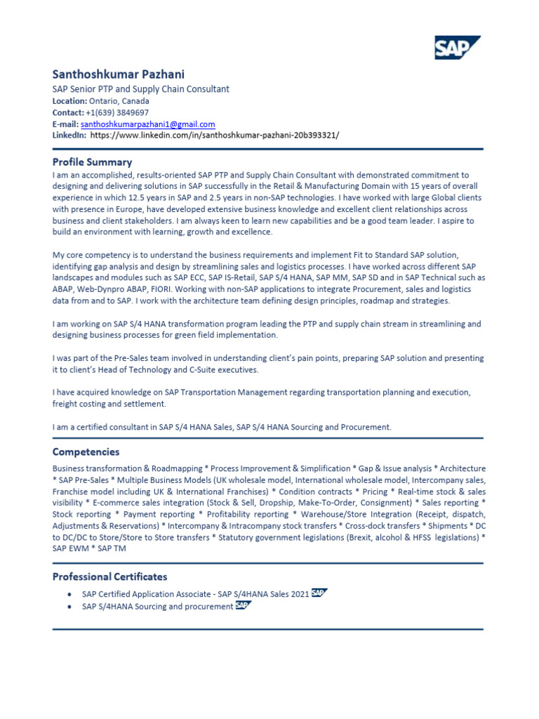 Santhoshkumar Pazhani - SAP Senior PTP and Supply Chain Consultant - CV | PDF