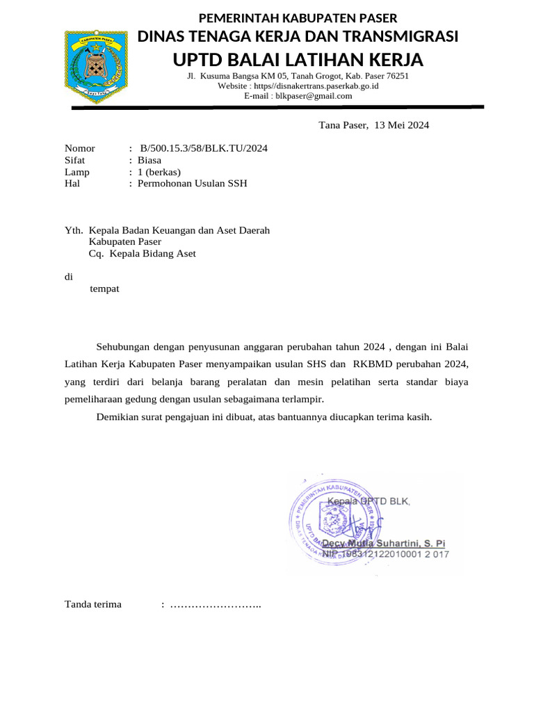 Surat Usulan SSH Perubahan 2024 | PDF