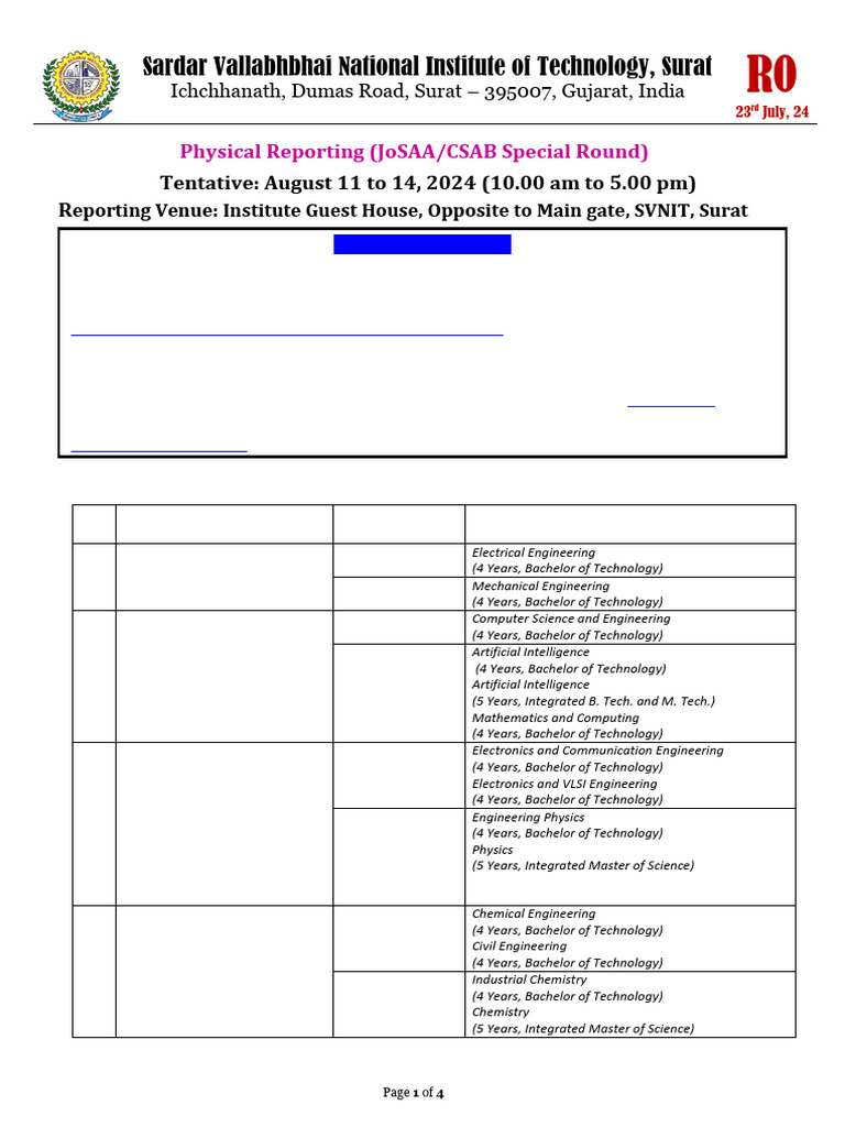 SVNIT Physical Reporting JoSAA - CSAB 2024 | PDF