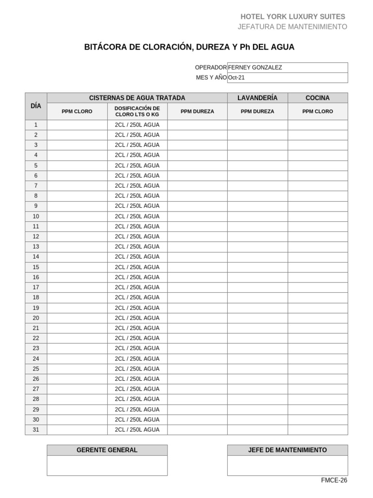 Fmce-26 Bitácora Diaria de Cloración y Dureza Del Agua | PDF